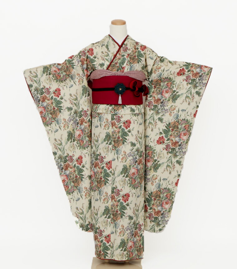 ◆人気キーワード◆ 振袖　振り袖　レンタル　草履　バッグ　成人式　晴れの日結婚式　帯　一生に一度の　正絹　二十歳20　20歳　送料無料　155cm?165cm対応　和服　衣装　貸衣装 大人可愛い花柄がいっぱいのこだわり感のあるお着物に しっ...