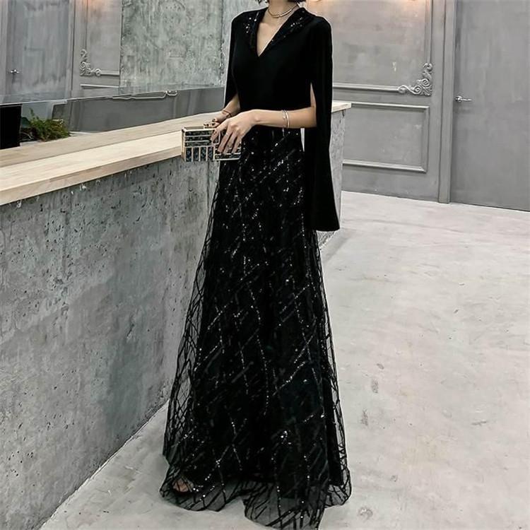 ロング ドレス パーティードレス 個性的 黒 袖あり カッコイイ vネック 結婚式 二次会 お呼ばれ フォーマル 演奏会 ピアノ 発表会 ドレス 大人 可愛い レディース Aライン 長袖 スパンコール モード シック クール スーツ風 ブラ...