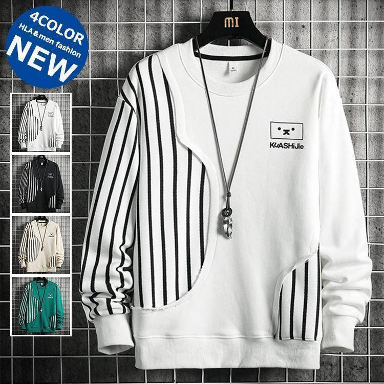 トレーナー 長袖 メンズ ロンT 切り替え ストライプ柄 スウェットシャツ プルオーバー トップス 春服 秋服★素材：ポリエステル※お使いの画面と実際のお色に若干の差がある場合がございます。※機械による生産過程におきまして、どうしても生地を...