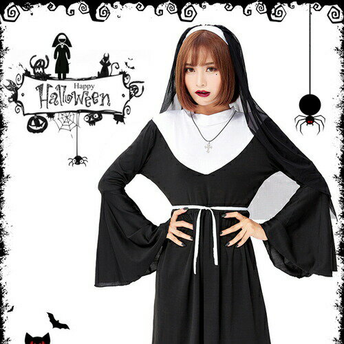 商品名：ハロウィ-ン ウィッチ 牧師服 神父 修女服役 コスプレ衣装仮装 素材 カラー サイズ ポリエステル・その他 画像参照 ワンサイズ 生地の厚さ 透け感 伸縮性 普通 ややあり ややあり 生産国 セット内容 CHINA 頭飾り・ワンピ...