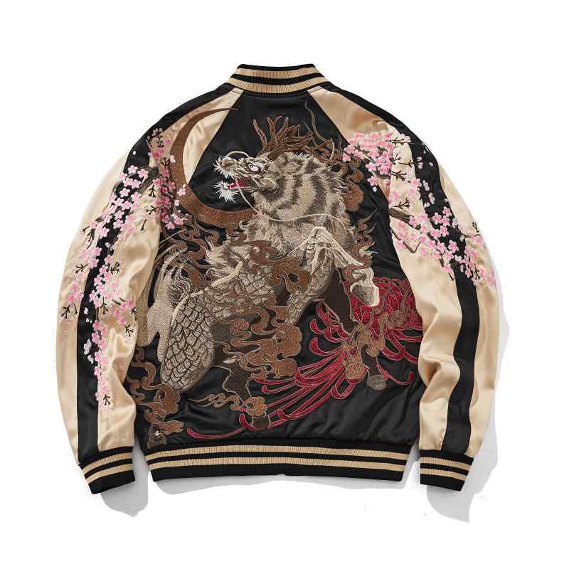 ジャケット 男性用 中国風 刺繍入り スタジャン ブルゾン アウター ポリエステル 麒麟 リバーシブル 蔵青 カーキ 秋・カテゴリ: ジャケット・風・襟の形: スタンドカラー・シルエット: ゆったり・前立て: ジッパー・フード: なし・・柄...
