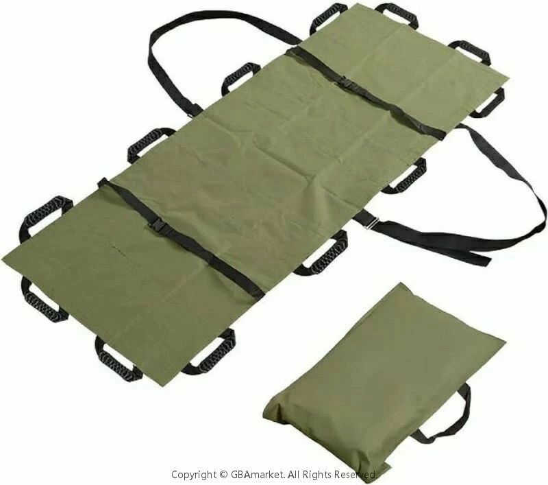 折りたたみ式担架です。大人一人、100kgまで対応可能。持ち手は12か所、2人〜4人で運ぶことができます。身体を留めるベルト付き！コンパクトに折りたたんで収納可能。持ち運びも便利。イベント会場やアウトドアなど、特設会場や車、ご自宅に一つ準備...