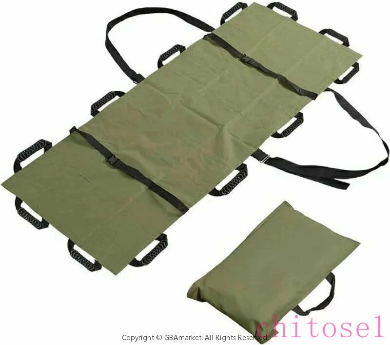 折りたたみ式担架です。大人一人、100kgまで対応可能。持ち手は12か所、2人〜4人で運ぶことができます。身体を留めるベルト付き！ コンパクトに折りたたんで収納可能。持ち運びも便利。イベント会場やアウトドアなど、特設会場や車、ご自宅に一つ準...