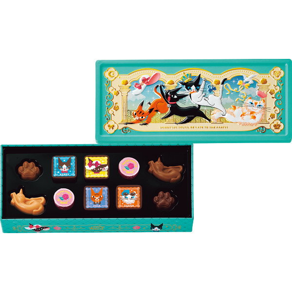 パーティー会場に向かう4匹の猫を描いた缶に、プリントチョコレートやアンジュジュ型や肉球型のチョコレートを詰め合わせました。 内容 ●アソートチョコレート×10 ※実店舗と在庫を共有しているため、ご注文頂きましても商品をご用意できない場合がご...