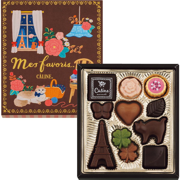 パリをイメージしたエッフェル塔や可愛らしい猫、クローバーやバラなどキュートな形のチョコレートを詰め合わせました。定番のミルク、エキストラミルク、セミスイートの味わいに加え、ポイントにストロベリーの味わいも。おうちでくつろぐ猫を描いたブラウン...