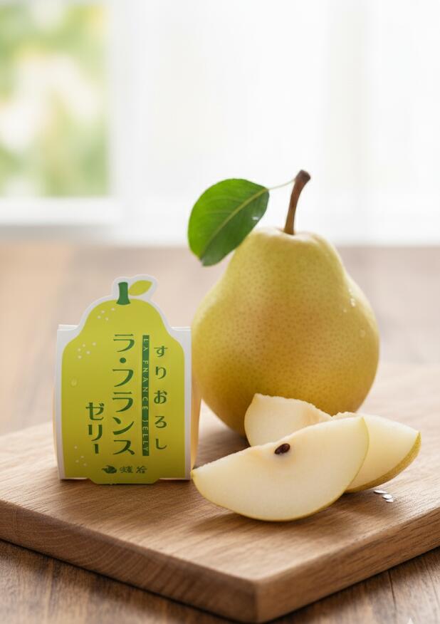 ラ・フランス果汁の華やかな香りを活かした、ぷるんとなめらかな口あたりのゼリー。甘さ控えめで食後にも。ラ・フランスの上品な香りとやわらかな甘みを閉じ込めました。ご自宅用にも手みやげにもおすすめ。