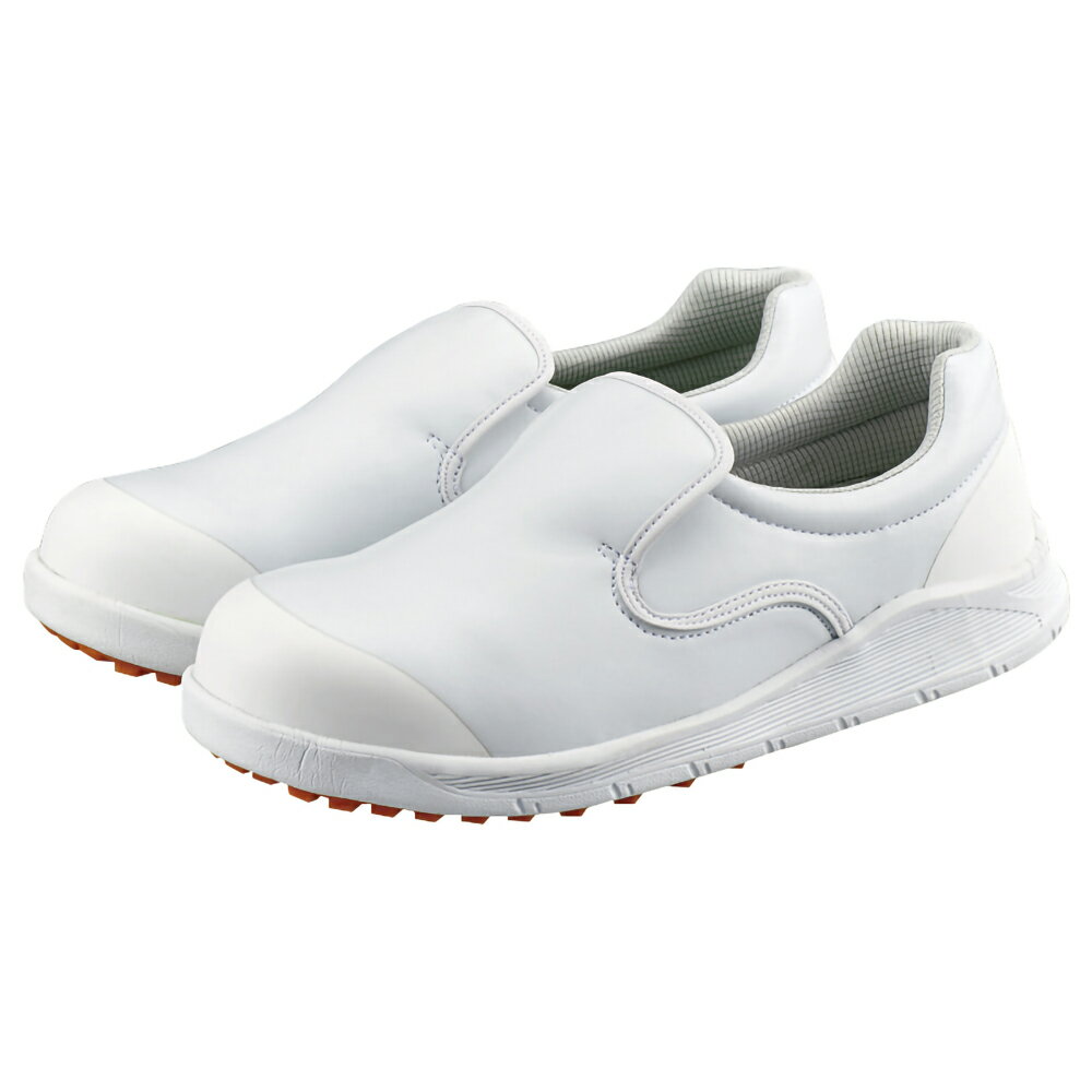 つま先部に鋼製先芯を搭載したプロスニーカー滑りに強く、食品クズが挟まりにくい靴底仕様：甲被/人工皮革、先芯/鋼製、靴底/合成ゴム、EVAカラー：ホワイトサイズ：24cm