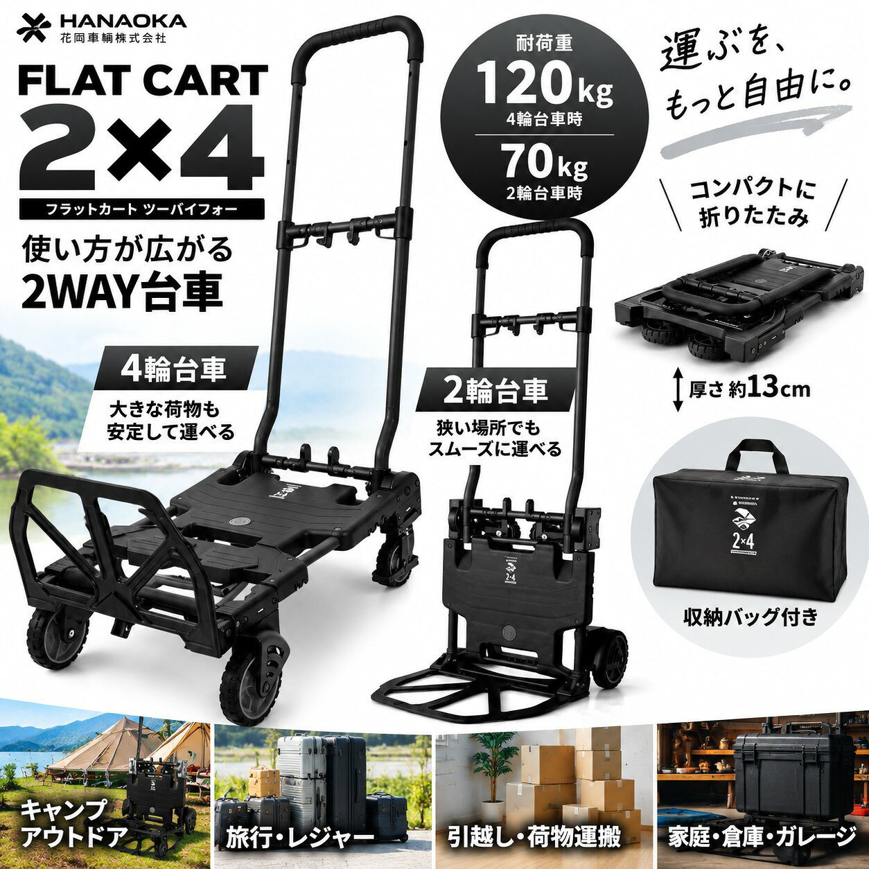 【2輪・4輪を使い分けできる折りたたみ台車】花岡車輌「FLAT CART 2×4（フラットカート ツーバイフォー）」は、荷物や使用する場所に合わせて2輪台車・4輪台車として使い分けできる2WAYタイプのカートです。キャンプやアウトドア、スポ...