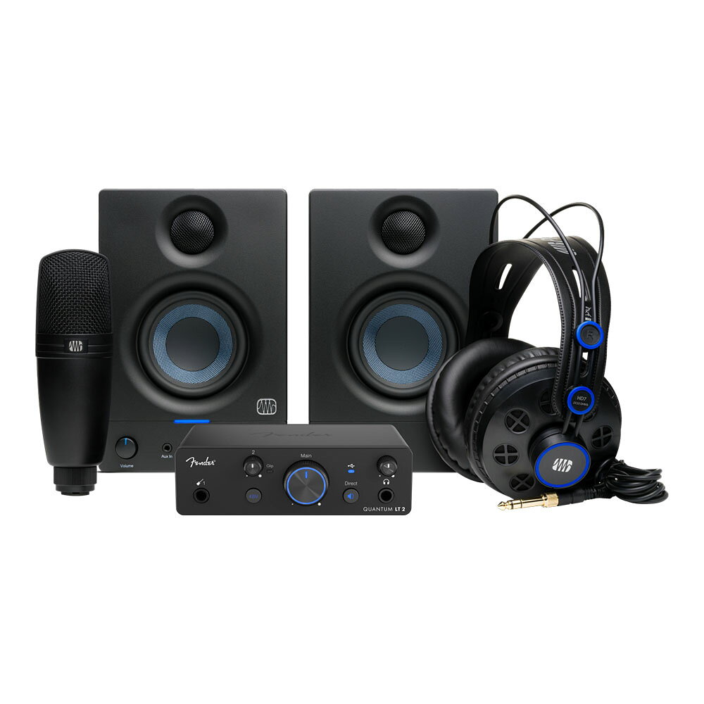 Fender フェンダー Quantum Complete Bundle レコーディング＆モニタリング用オールインワンバンドルQuantum Complete Bundleは、オーディオインターフェイス、スタジオモニタースピーカー、マイクロ...