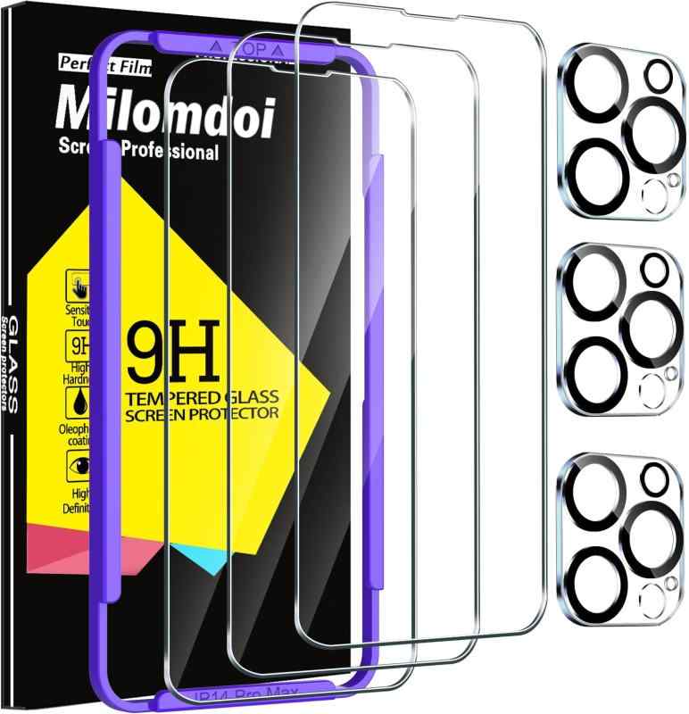 Milomdoi 3 Pack Screen Protector for Apple iPhone 14 Pro Max with 3 Pack Tempered Glass Camera Lens Protector, Ultra 9H ...
