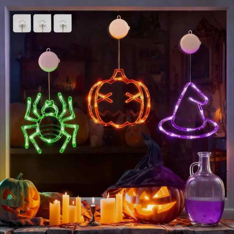 ハロウィン 飾り カボチャ LEDライト 3点セット緑のクモ、オレンジ色のカボチャ、紫色の帽子 ハロウィン パンプキン 電池式 Halloween装飾 置物 オブジェ 飾り付け グッズ 装飾 イルミネーショ
