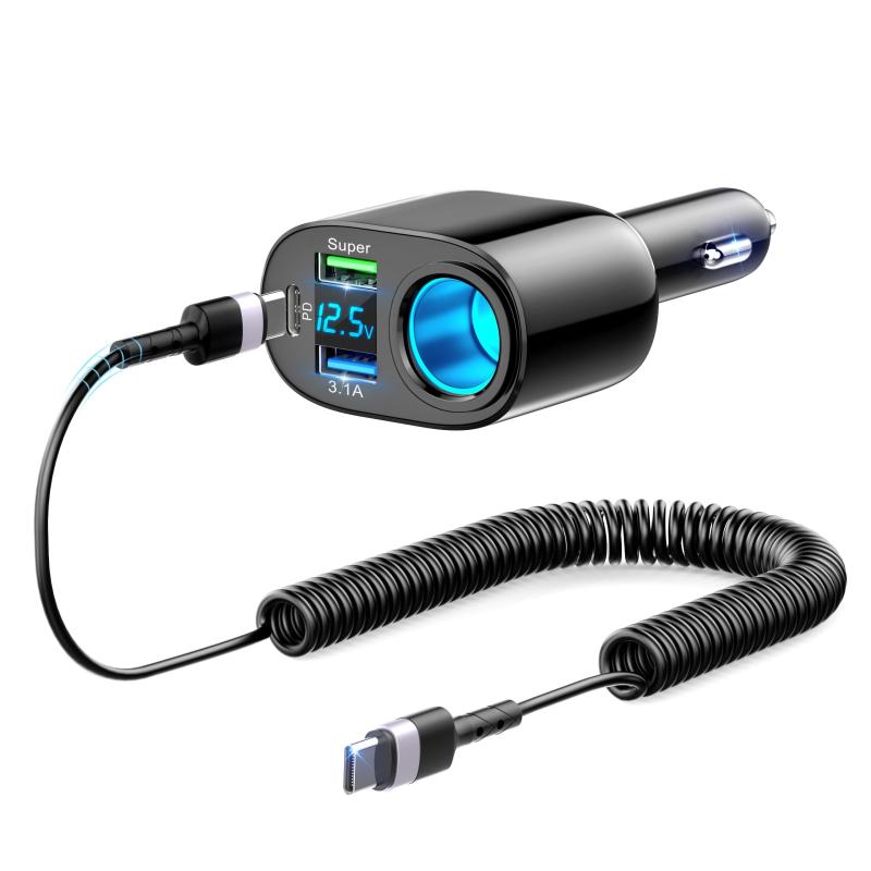 USB C 車載充電器増設シガーソケット 車充電器 シガーライター スプリッター 急速充電 66W + QC3.0 + PD30W + USB2.4A、タイプ C 車 usb シガーソケット スプリッター アダプター シガーソケット USB...