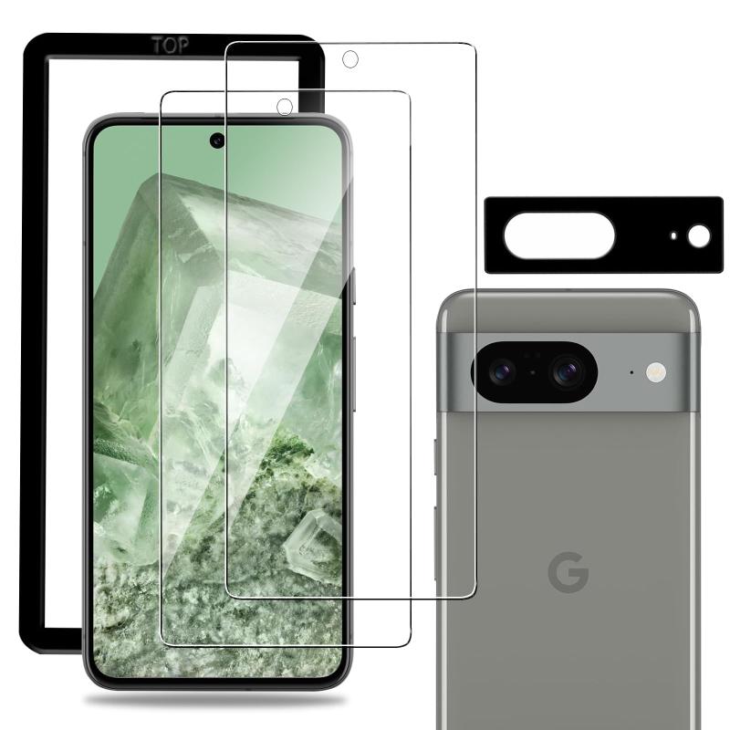 iXinQu 【指紋認証対応】Google Pixel 8 用 ガラスフィルム 2枚 + カメラフィルム1枚 3枚セット Pixel 8 用 保護フィルム ガイド枠付き 貼り付け簡単 グーグルピクセル8 レンズ 保護フィルム ケース対【対応...