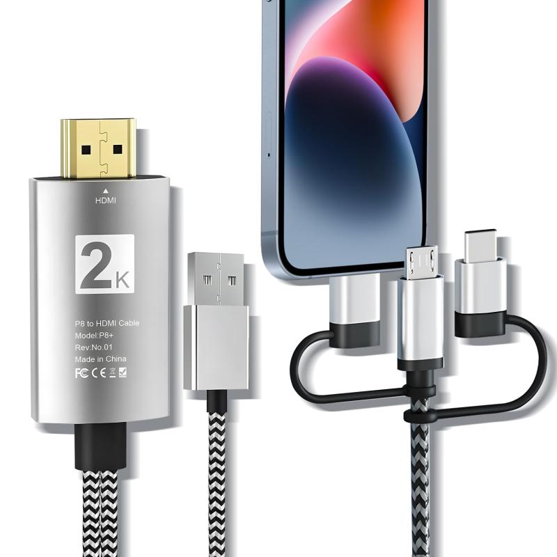 HDMI変換ケーブル 3in1 Type-C/Phone/Micro USB to HDMI 遅延なし1080P ミラーリング 2M ケーブル 充電しながら再生可能 AV/TV視聴 簡単接続 Phone/Android/Pad対応【3in1...