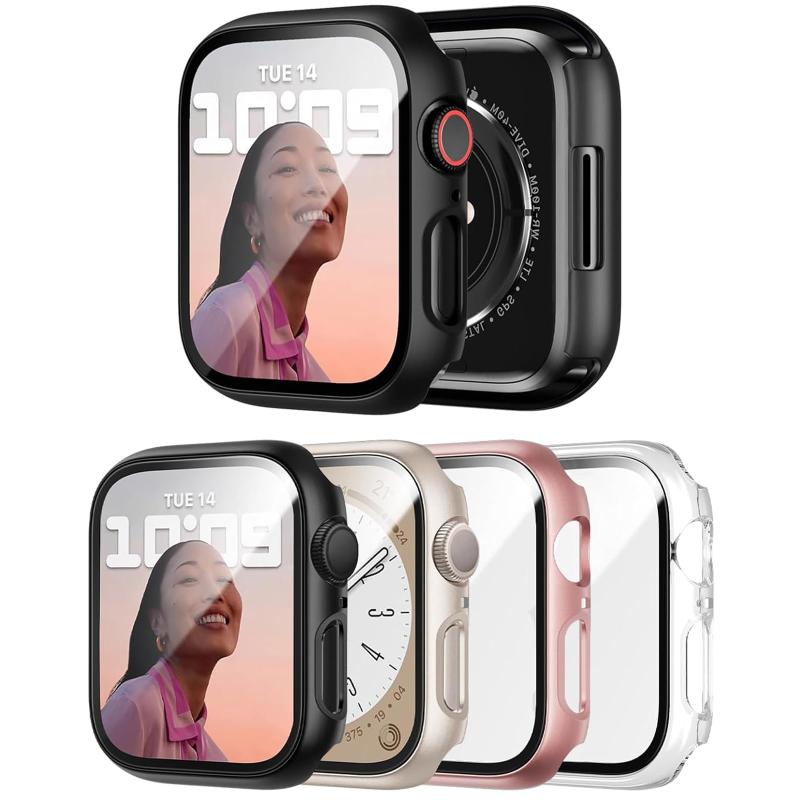 【4個入り】Apple Watch 用 ケース Series 9/8/7/SE/6/5/4/3/2/1 アップルウォッチ保護カバー 強化ガラス 一体型 PC素材 全面保護 超薄型 耐衝撃 高耐久 高透過率 指紋防止 傷防止 防水 装着簡単【...