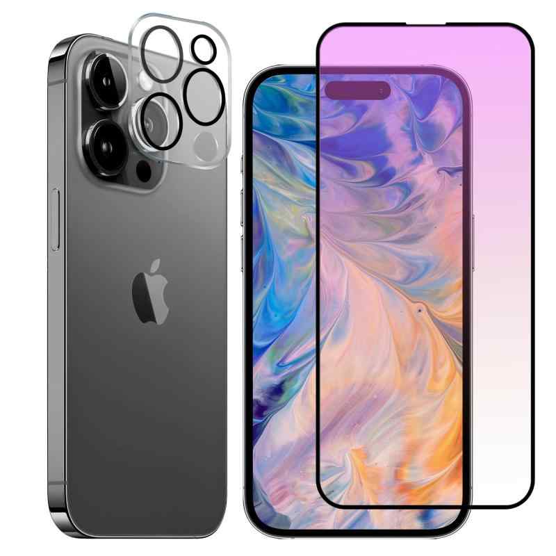 iphone15 ガラスフィルム「ブルーライトカット」+ アイフォン 15用カメラフィルム (1枚) 【旭硝子素材製】炭素繊維 3D全面保護 画面保護シート 「角割れ」防ぎ あいほん15強化ガラス 液晶保護