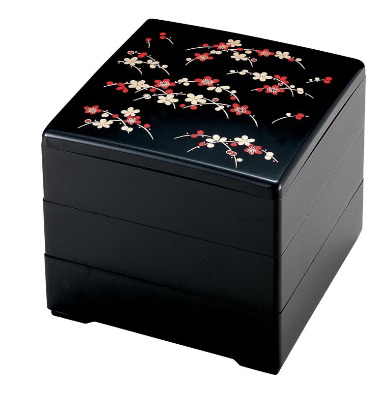 割烹漆器 若泉漆器 重箱 6.5寸重 黒梅花（内黒） 3段H-156-5A外寸　19.5×19.5×16.4cm黒色に梅の柄が描かれたデザイン5～6人用の重箱に使われることが多いサイズです。