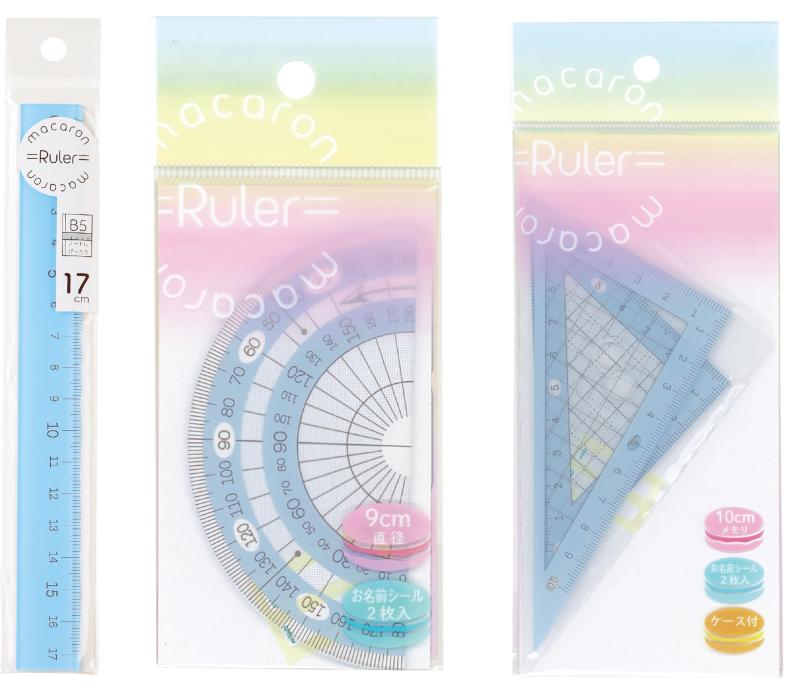 西敬 マカロンシリーズ 定規セット 3種 ミント MRTP-MI【入数】直線定規17cm、分度器9cm、三角定規2枚【本体サイズ】定規：20×180×2.0mm（17cm目盛）三角定規：二等辺三角形/85×85×120×1.5mm、直角三角...