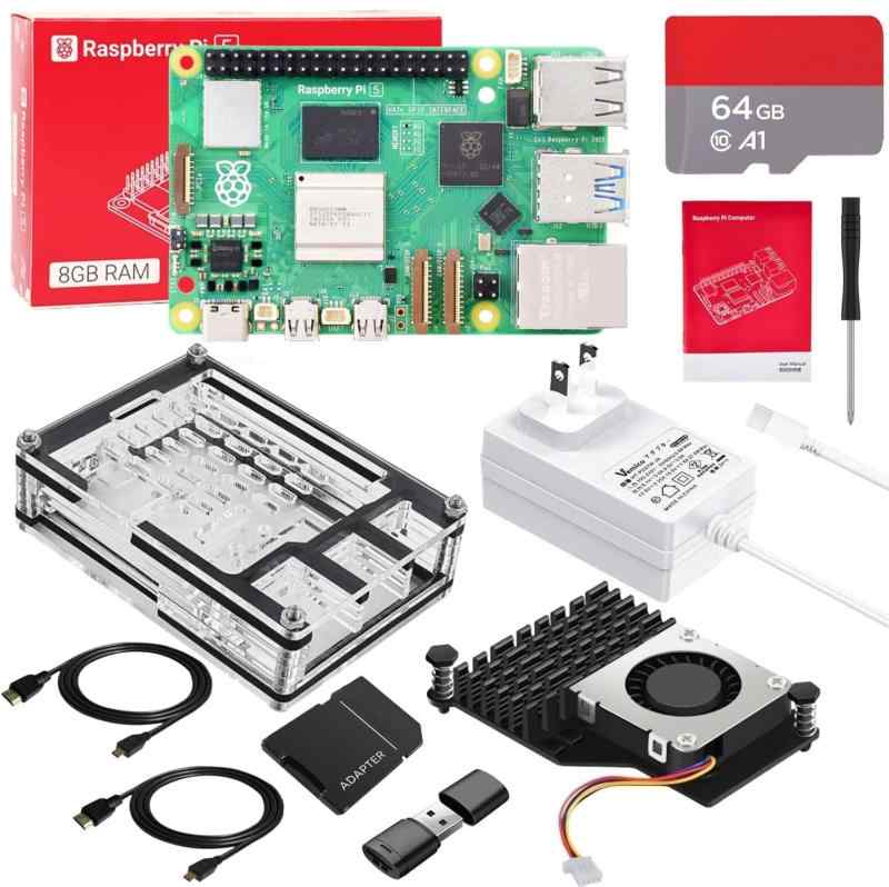 Vesonn Raspberry Pi 5 Starter Kit 技適済み ラズベリーパイ5 8GBボード/64GBカード/27W PD電源アダプター/アクティブクーラー/アクリル9層ケース/Micro HD Outケーブルライン(Ras...