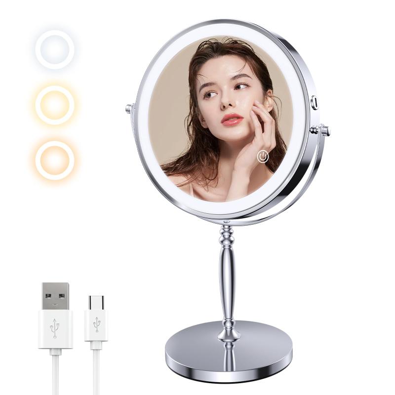 MILPROX 女優ミラー 拡大鏡 ライト付き スタンドミラー 鏡 卓上 化粧鏡 1倍10倍拡大鏡 8インチ USB充電式1500mAh大容量 寒暖自然色調節 明るさ調節 メイク メモリー 消し忘れ防止 タッチ式 360°回