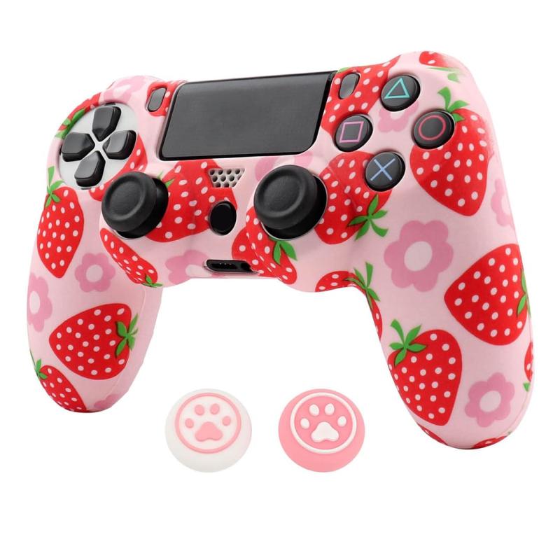 RALAN ピンクコントローラースキン PS4用 フルーツシリコンコントローラーカバー スキンプロテクター / PS4スリム/PS4 Proコントローラー対応 かわいいサムグリップキャップ2個付き【安全保護】このPS4用ピンクのコントローラ...