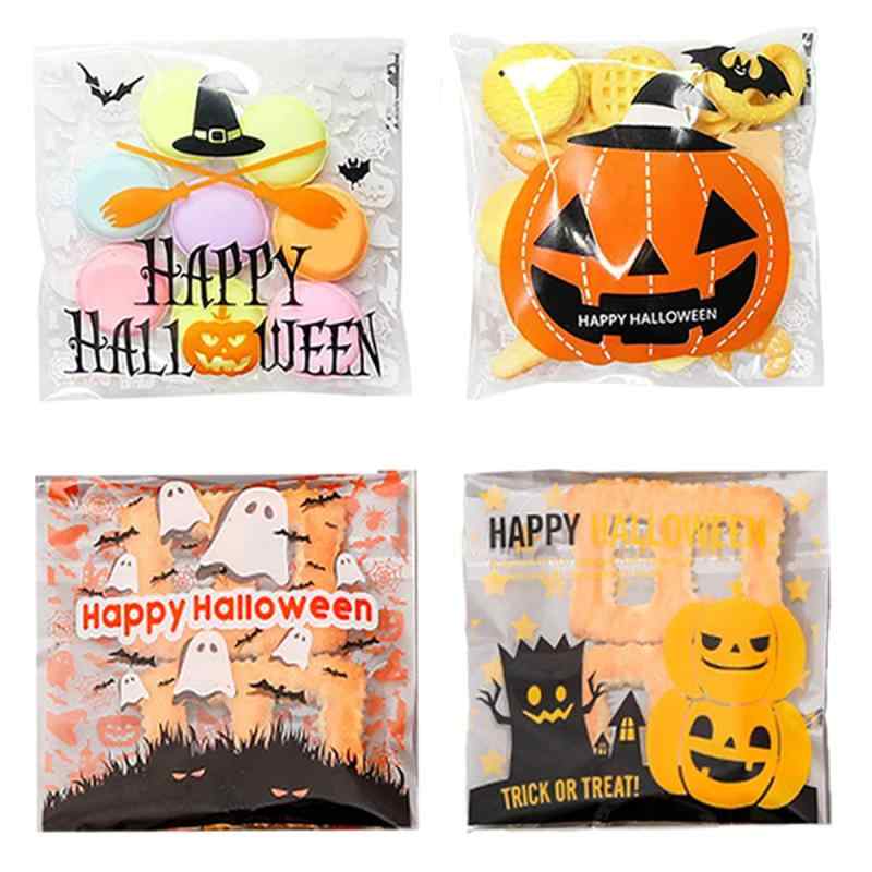 Forahome ハロウィン ラッピング袋 キャンディーバッグ 4種類100枚 10*10+3CM 自己接着 使いやすい 可愛い ハロウィーン お菓子袋 かぼちゃ 箒 幽霊 ハロウィン雰囲気 半透明 ギフトバッグ お菓子4種類の柄：柄の異な...
