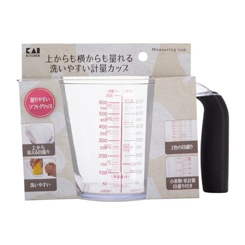 上から量れる計量カップKAI KITCHEN/-/DH8128・Color:KAI KITCHENStyle:上から量れる計量カップPatternName:600ml・パッケージ個数:1・上からも横からも見て量れる、握りやすいソフトグリップ...