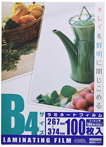 100枚不明/B4/LAM-FB41003・Size:B4・パッケージ個数:1・B4サイズ（267×374mm）・フィルム厚：100ミクロン キレイを鮮明に閉じこめるラミネートフィルムです。 ダイオキシン「ゼロ」。焼却してもダイオキシンが発...