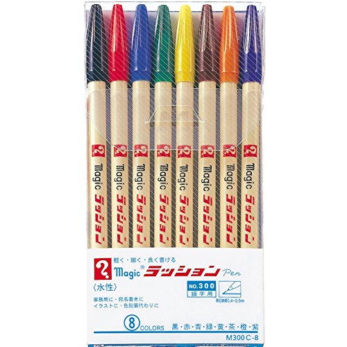 細字8色セット/-/M300C-8・Color:8色セット・パッケージ個数:1・【8色】黒・赤・青・緑・黄・茶・橙・紫・【用途】事務用・宛名書き・イラスト・色鉛筆代わり・【仕様】軽く・細く・良く描ける・【インキ】水性染料インキ・【線幅】0....