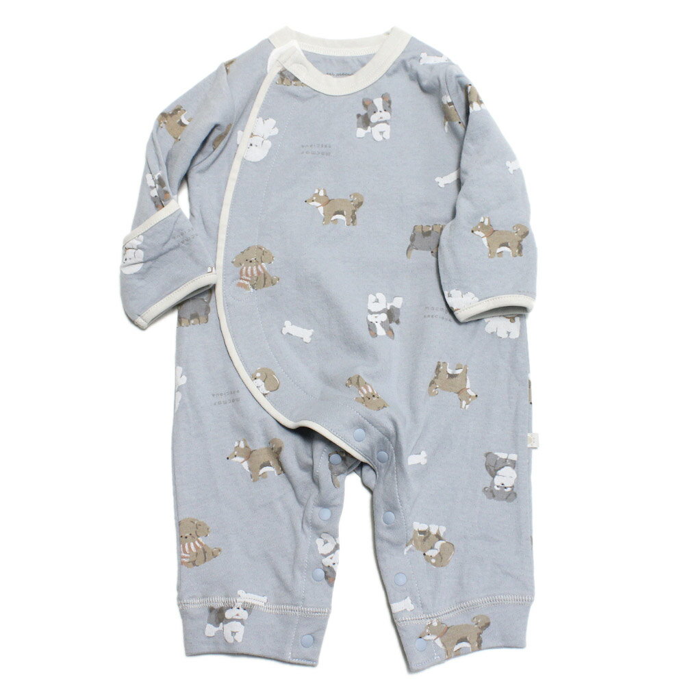 “モクモフ”のわんこ柄 かんたんロンパースフロントはテープでペタッと押さえるだけで簡単にお着替えができるロンパース。手元はミトン仕様で、お顔の搔きむしりなどを防止します。ボディは通気性のいいコットン素材。股下のスナップはかけ間違いを防ぐ配色...