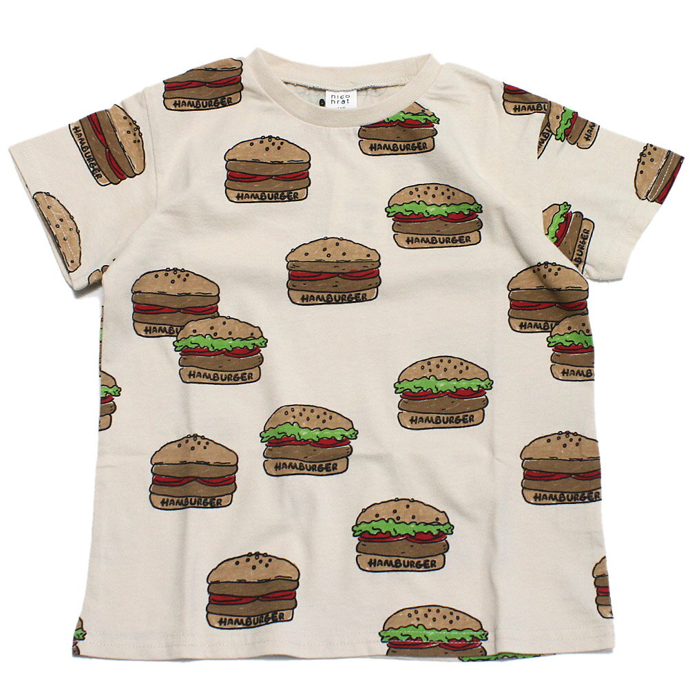 “ニコフラート”のハンバーガー Tシャツnicohratオリジナルの総柄のハンバーガー柄。手描きのイラストが柔らかい雰囲気のプリントです。シンプルなボトムスでもばっちりキマる存在感のあるデザイン。着心地のコットン天竺素材を採用。本体　ポリエ...