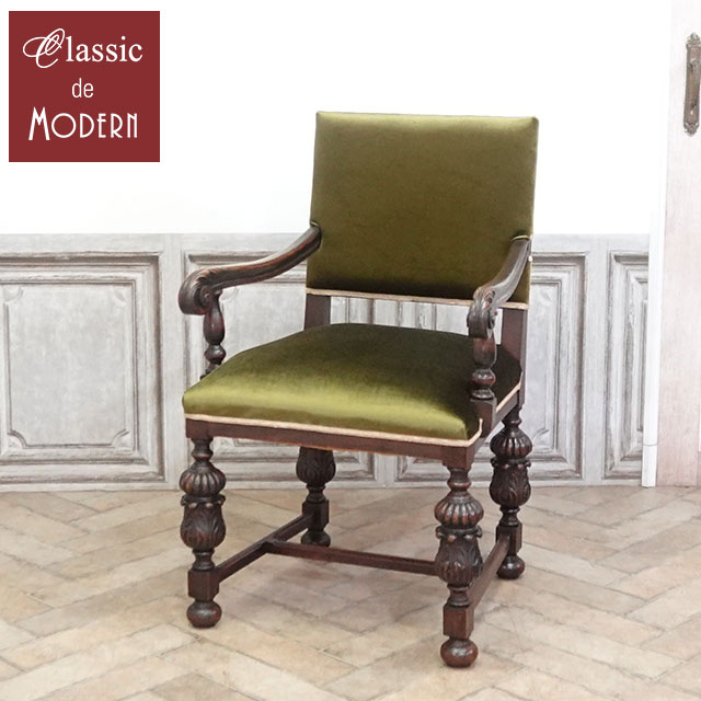 品名・品番 antique64302d　チェア　1920年頃　オーク材　フランス サイズ W 64 x D 61 x H 99 (座面高 55) cm 商品について ブルボーズレッグが印象的な重厚感たっぷりの座面張り替え済アームチェアです。...