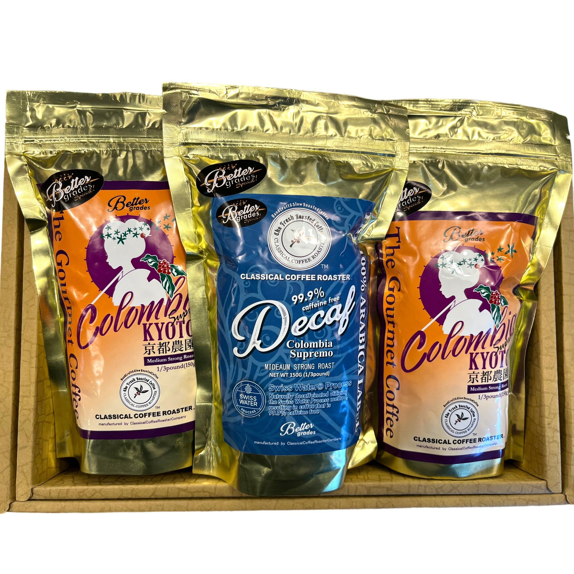 ■CLASSICAL COFFEE ROASTER クラシカルコーヒーロースター　COFFEE GIFT Kyoto Farm & Decaf Colombia whole coffee beans 150g コーヒーギフト GB-1 KY...