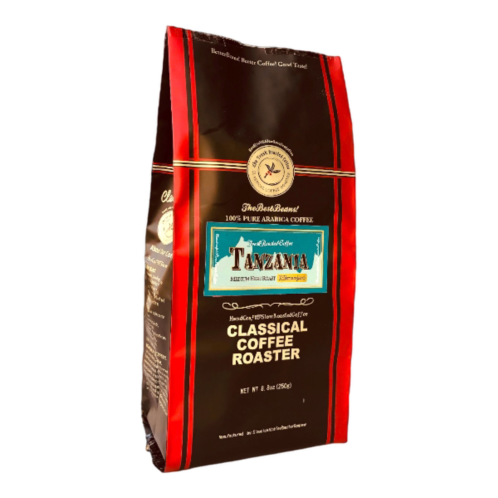 タンザニアのキリマンジャロ山、標高1,500mから2,500m付近のプランテーションで栽培された上質なタンザニアAAグレードコーヒー豆（キリマンジャロ）をストロング(深煎り）に近い（ミディアムストロング）でスローロースト。香ばしい仕上がりで...