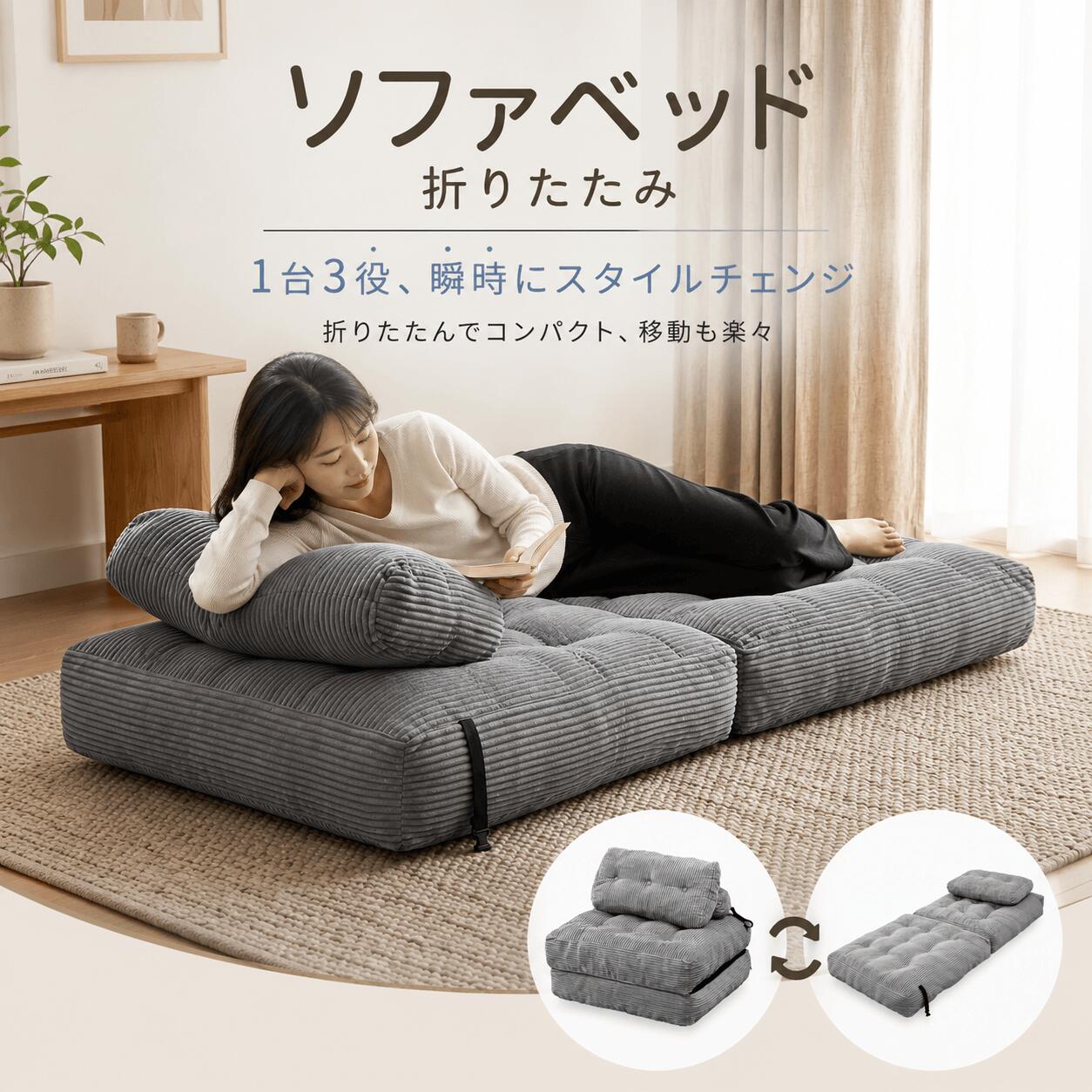 商品ポイント仕様：アイテムタイプ: 折りたたみソファベッド素材: コーデュロイ、メモリーフォーム重量: 約。 11460g / 404.2オンス色: ダークグレー使用方法: 開梱後 48 時間後には最適な快適さが復元されます。パッケージリス...