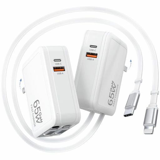 ?【4-in-1&amp;65W急速充電】:この巻き取り式充電器は2つのポートと2本の巻き取り式ケーブル(Type-Cケーブルのみ使用時の最大出力65W)を備え、4台のデバイスを同時に充電できます。65Wのパワフルな出力により、MacBoo...