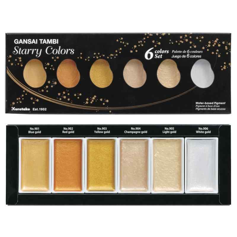 呉竹 絵の具 顔彩耽美 スターリーカラーズ 6色セット MC20SC/6V美しい金色ベースの顔彩です。隠ぺい性に優れ、濃い色の紙にもしっかり発色します。スターリーカラーズ 6色顔彩：顔料・樹脂原産国：日本　国内専用商品です。海外販売はご遠慮...