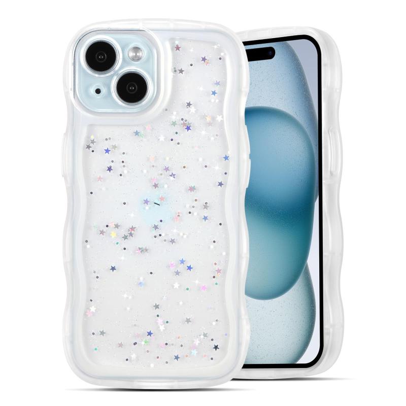 QLTYPRI iPhone 15 用 ケース クリア TPU カバー ウェーブ おしゃれ 韓国 可愛い グリッター 透明 軽量 耐衝撃 滑り止め スマホケース ワイヤレス充電対応 ストラップホール付き アイフォン15 用 ケ【対応機種】i...