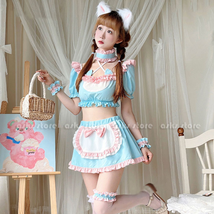商品名 メイド服 簡単な包装、ご了承ください。 色 ブルー サイズ S：着丈33.5cm　バスト88cm　袖丈26cm　ウエスト66cm　スカート丈31cm M：着丈34cm　バスト92cm　袖丈26.5cm　ウエスト70cm　スカート丈3...
