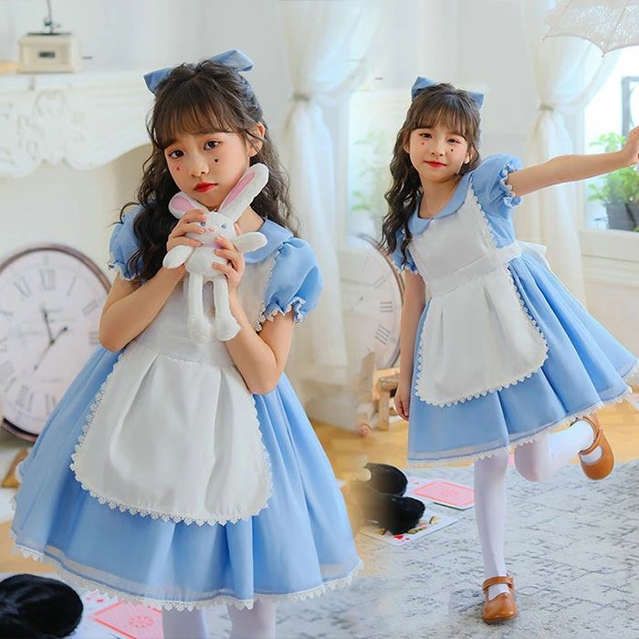 商品名 女の子　Lolitaワンピース 色 ブルー サイズ 110：バスト約64cmウエスト約62cm肩幅約25cm袖丈約15cm着丈約52cm 120：バスト約68cmウエスト約66cm肩幅約26cm袖丈約16cm着丈約57cm 130：...