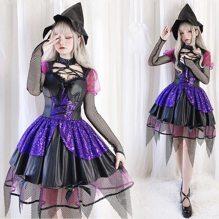 商品名 ハロウインコスプレ衣装 色 パープル サイズ M：袖丈68cmバスト84cmウエスト76cm着丈82cm L：袖丈69cmバスト88cmウエスト80cm着丈84cm XL：袖丈70cmバスト92cmウエスト84cm着丈86cm 素人...