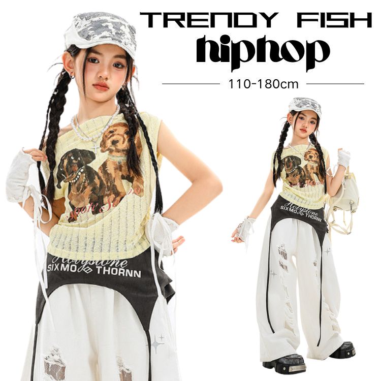 人気検索キーワード：イエロー　犬柄　パンツ　トップス キッズ ダンス セットアップ へそ出し 韓国 k-pop ヒップホップ 女の子 ギャル アイドル かっこいい レジャー カジュアル 子供服 ステージ衣装 jazz ジャズダンス 団体服 ...