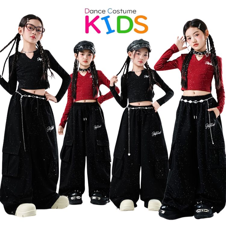 人気検索キーワード：赤 黒 レッド ブラック トップス 長パンツ へそ出し 長袖 キッズ ダンス セットアップ 韓国 k-pop ヒップホップ 女の子 ギャル アイドル かっこいい カジュアル 子供服 きらきら ステージ衣装 jazz ジャ...