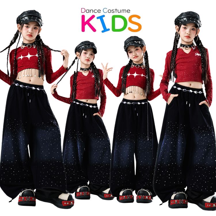 人気検索キーワード：赤 黒 レッド ブラック トップス 長パンツ へそ出し 長袖 キッズ ダンス セットアップ 韓国 k-pop ヒップホップ 女の子 ギャル アイドル かっこいい カジュアル 子供服 きらきら ステージ衣装 jazz ジャ...