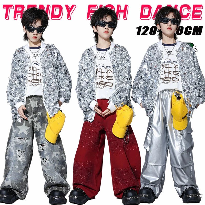 ★商品詳細 【3タイプ】銀色 スパンコール ジャケット キッズ ダンス衣装 セットアップ ジャケット トップス カーゴパンツ 赤パンツ デニムパンツ 女の子 男の子 長袖 ジャズダンス ヒップホップ 韓国 K-POP 発表会 演出服 団体服...