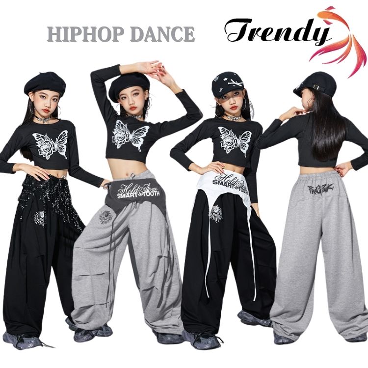 人気検索キーワード：黒 灰色 ブラック グレー トップス 蝶柄 パンツ 長パンツ へそ出し キッズ ダンス セットアップ 韓国 k-pop アイドル ヒップホップ 女の子 ギャル かっこいい カジュアル 長袖 子供服 ステージ衣装 jazz...