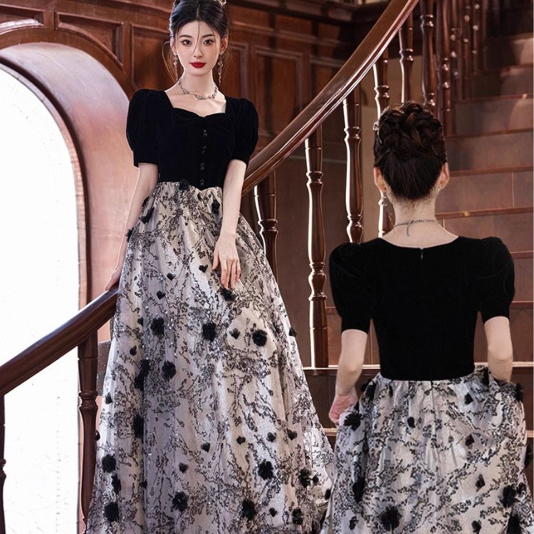 ★商品詳細 ウェディングドレス スパンコール Aライト フレンチ ヘップバーン風 黒 カラードレス 前撮り ドレス 二次会 イブニングドレス ロングドレス パーティードレス 花嫁ドレス 結婚式 お呼ばれ 成人式 誕生日会 謝恩会 発表会 撮...