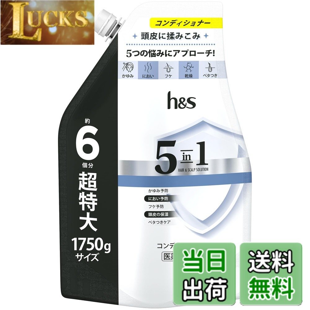 商品情報商品の説明商品紹介 ●h&s(エイチアンドエス)5in1 コンディショナー 超特大 詰め替え 1750g ●頭皮に揉みこみ 5つの悩みにアプローチ! 5つの効果を1本で! ● 頭皮のかゆみ・におい・フケ・乾燥・ベタつきに。 ●頭皮の...