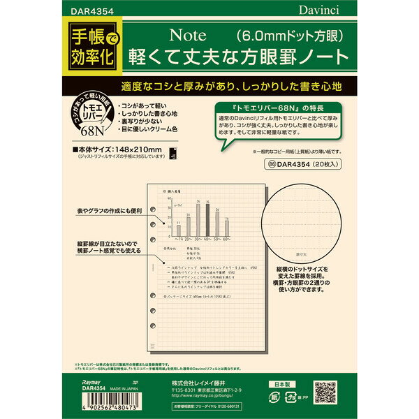 商品名ダ・ヴィンチ システム手帳 リフィル 日付なし A5 薄くて丈夫な方眼ノート 6.0mm方眼説明縦横のドットサイズを変えた罫線を採用。横罫・方眼罫、2通りの使い方ができます。【入数】20枚【素材】トモエリバー68N【サイズ】W148 ...