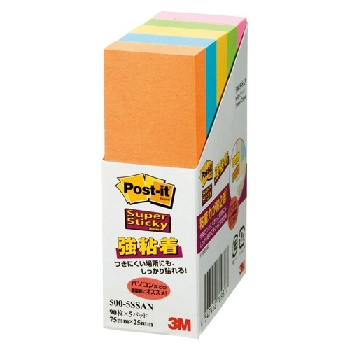 商品名ポストイット 強粘着ふせん 75×25mm 90枚×5個 500-5SSAN〔3M 住友スリーエム〕説明プラスチック製品や、パーテーション、壁やドア・・・。つきにくかった場所にもしっかり貼れる!●強粘着蛍光色●ふせん(強粘着)●色:オ...